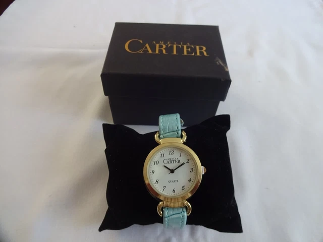 AMELIA CARTER WATCH Ladies Gold Tone Case Blue Faux Leather Strap ...
