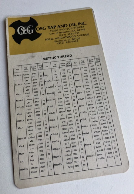VINTAGE OSG TAP And Die Inc. Metric Thread Pipe Tap Drill Paper Chart ...
