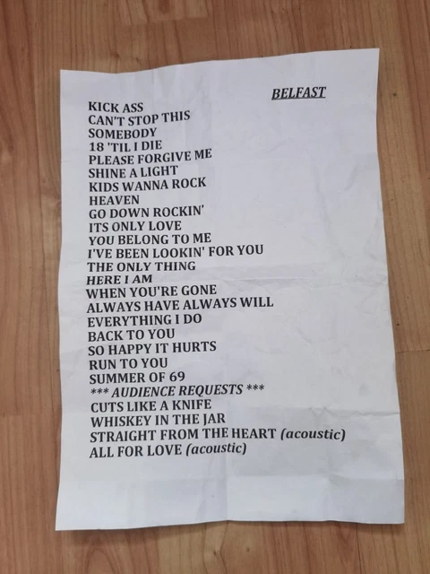 BRYAN ADAMS USED Setlist 2024, reckless, super fan, collectible ...