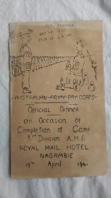 AUSTRALIAN WW2 AAPC Dinner menu full of autographs. Nagambie 19/4/41 ...