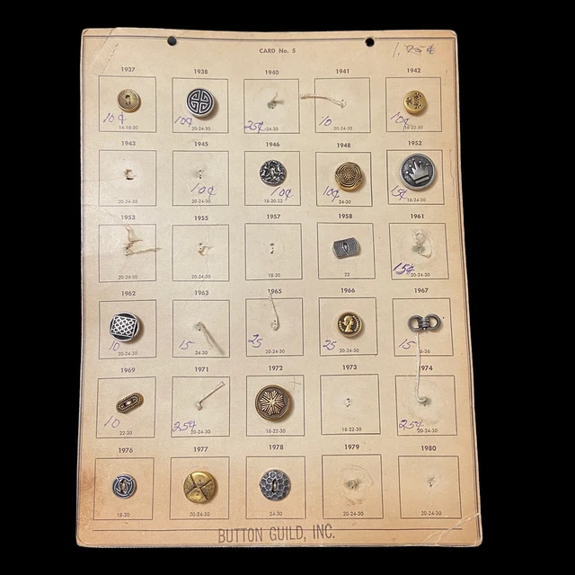 VINTAGE METAL BUTTON Salesman Sample Display Card BUTTON GUILD, INC ...