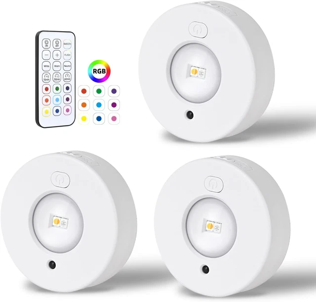 3X RECHARGEABLE LED Puck Lights Remote RGB Cabinet Wardrobe Cupboard ...