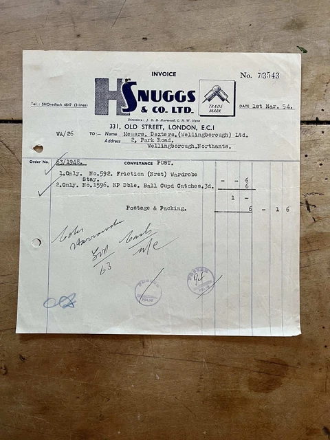 1954 INVOICE H Snuggs & Co Old St London £3.81 - PicClick UK