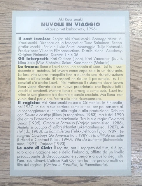 NUVOLE IN VIAGGIO - Aki Kaurismäki - Cartolina Promozionale Ciak ...