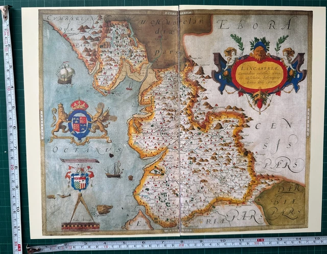 OLD TUDOR SAXTON Map of 1500s Lancashire England 1577 Antique Reprint ...