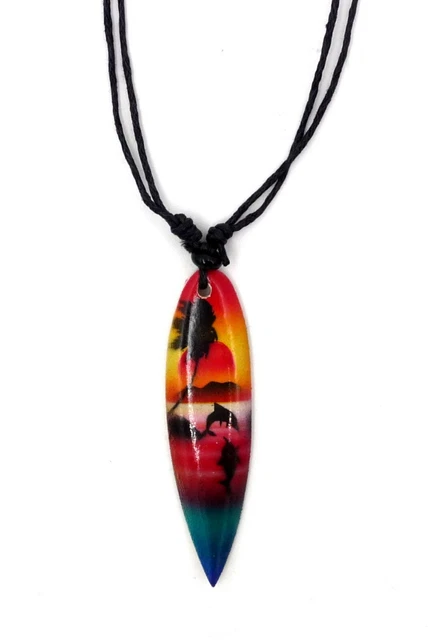 COLLIER SURF PLANCHE de surf en bois peint motif dauphin palmier Hawai ...