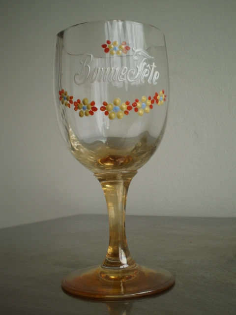 VERRE EMAILLE ANCIEN "BONNE FETE" DECO SOUVENIR VINTAGE GLASS art table ...