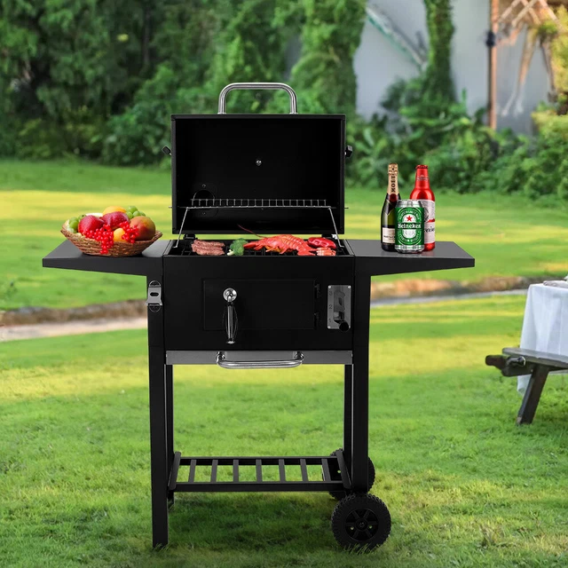 BLACK CHARCOAL GRILL BBQ Trolley Wheels Two Arm Garden Smoker Shelf ...