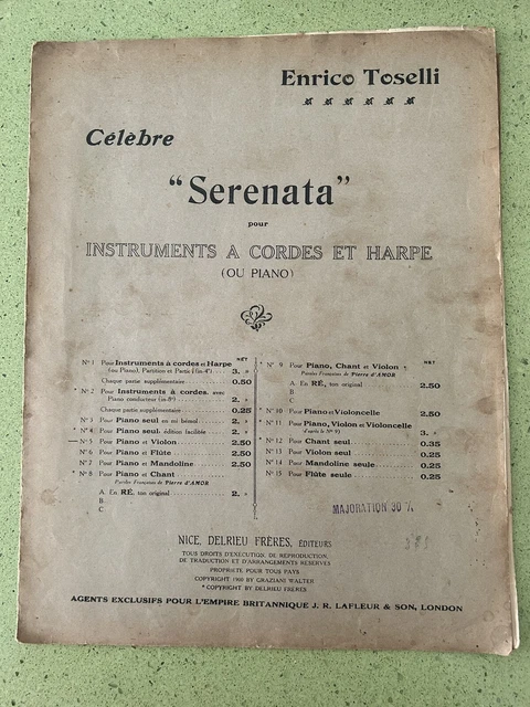 ANCIENNE PARTITION SERENATA Enrico TOSELLI cordes et harpe ou piano EUR ... ANCIENNE PARTITION SERENATA Enrico TOSELLI cordes et harpe ou piano EUR ...