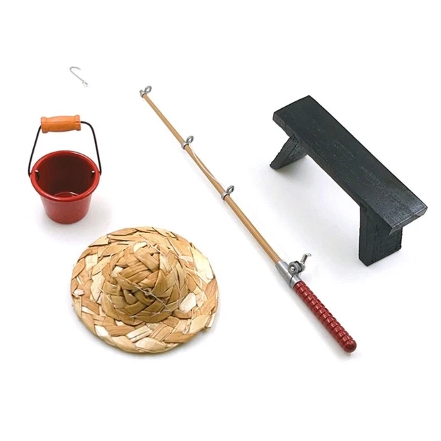 1/12 SCALE MINIATURE Fishing Rod Bucket Chair Hat Model Set Plastic ...