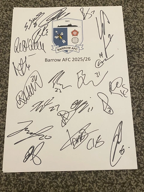 BARROW FOOTBALL CLUB 2025/26 Signed A4 card Sheet By Walker Shipley ...