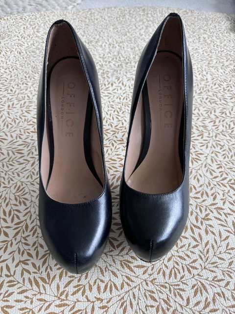 OFFICE SIZE 39 6 Black Leather Round Toe High Heels Shoes Stilettos ...