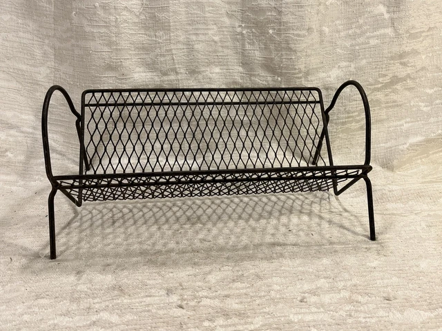 VINTAGE BLACK METAL Wire Record Book Rack Table Top Mid Century Modern ...