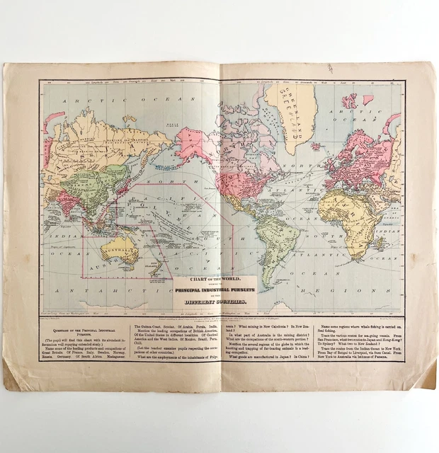 MAP OF THE World 1884 Principal Industrial Pursuits Victorian ...