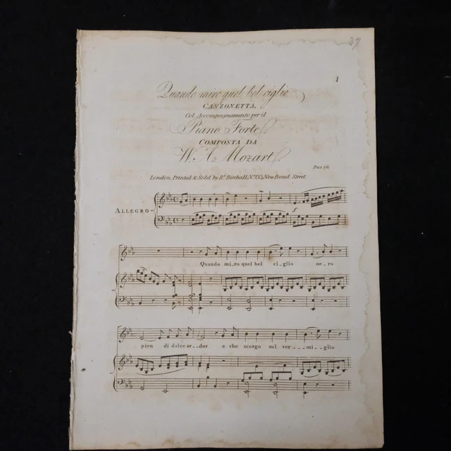 ANTICO FOGLIO DI canzoni QUANDO MIRO QUEL BEL CIGLIO mozart, c.1828 EUR ...
