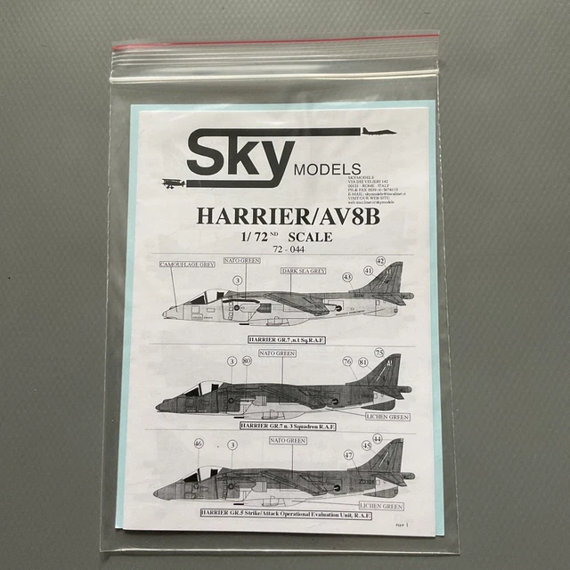 SKY MODELS DECALS. HARRIER / AV8B. 1/72 scale. 72-044(RARE) NEW $22.09 ...