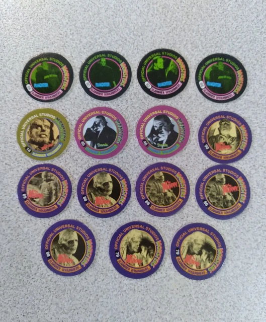 15 POGS UNIVERSAL Studios Monsters 1994 (Mummy, Frakenstein, Dracula ...