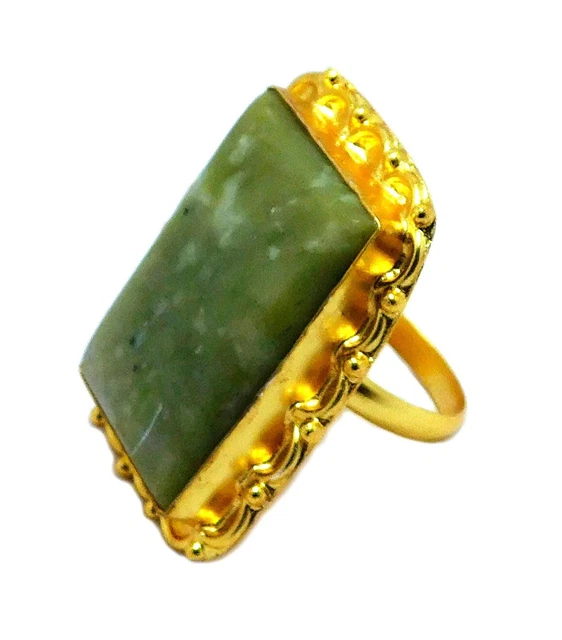 GREEN JADE RINGS Gold Plated Handmade Big Ring Size-8 Rare Gemstone ...