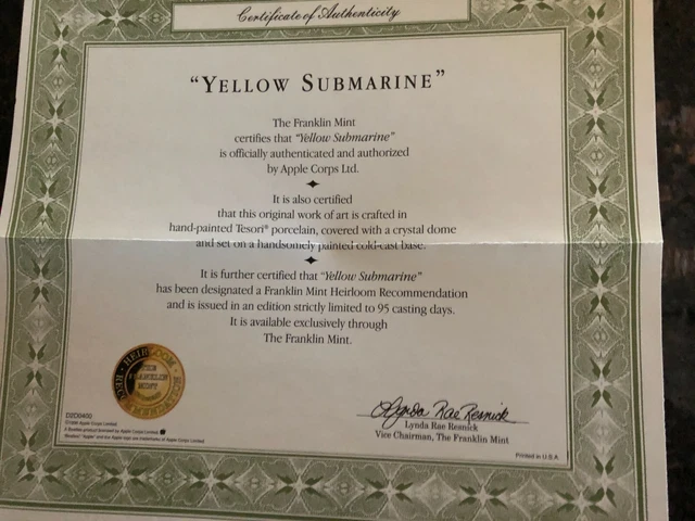 CERTIFICATE OF AUTHENTICITY for Beatles Yellow Submarine Franklin Mint ...