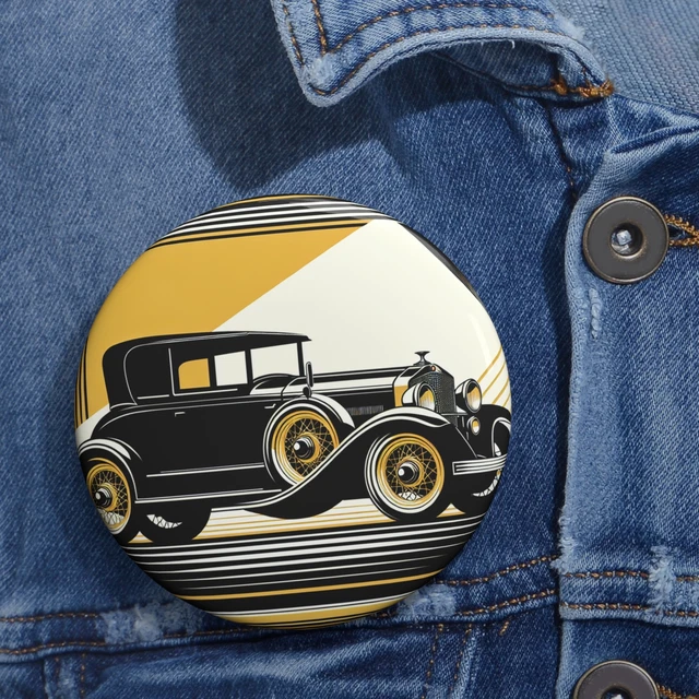 CUSTOM PIN BUTTON Badge Vintage Car Art Deco Retro Style Design Stylish ...