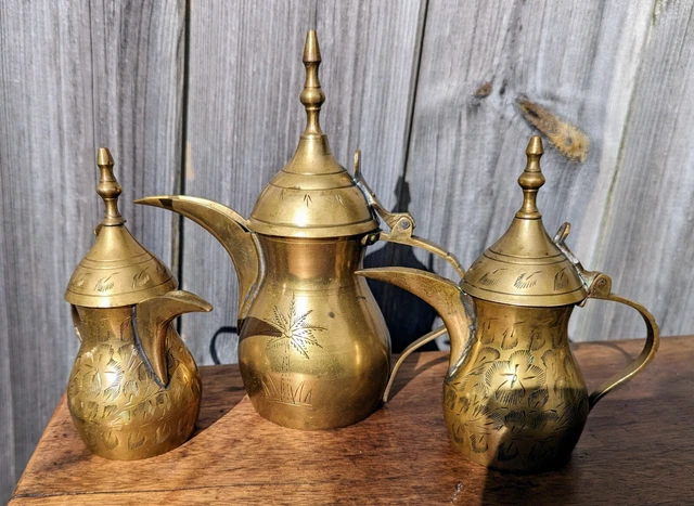 VINTAGE ARABIC SIGNED Dallah Middle Eastern Brass Coffee set of 3 £185. ...