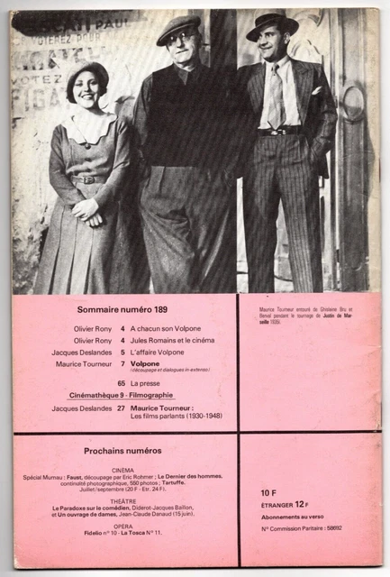 CINÉMA, AVANT SCÈNE: Volpone de Maurice Tourneur, n° 189, 1977 EUR 4,00 ...