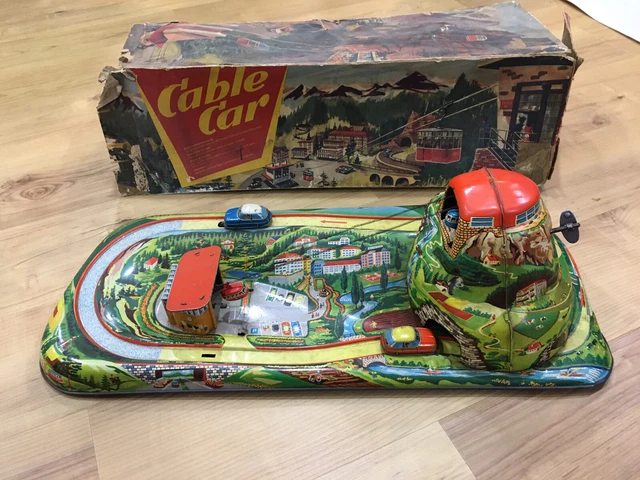 RARE VTG 1960S 70s Technofix Tin Litho Wind-up Cable Car track Toy West ...