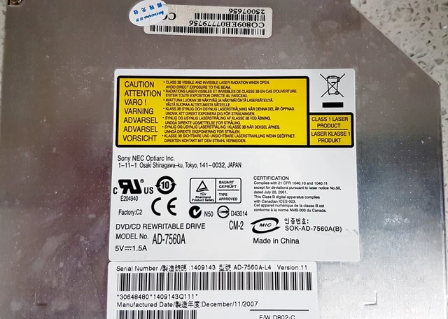 SONY AD-7560A DVD/CD BURNER REWRITEABLE DRIVE Suits Lenovo F41, Vaio ...