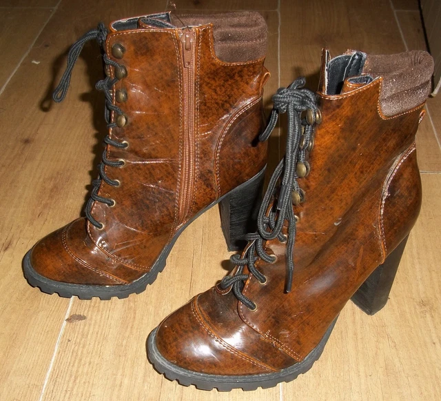 ATMOSPHERE LADIES PATENT Brown High Heel Boots UK 7 EU 40 Lace Zip £7. ...