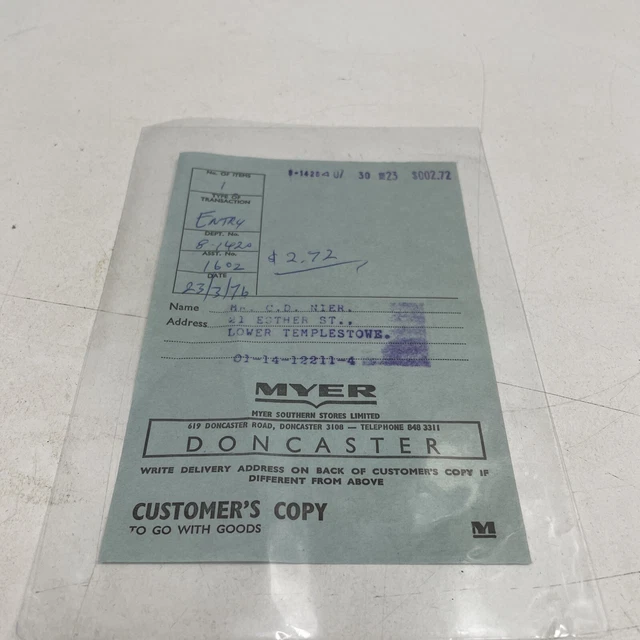 ORIGINAL VINTAGE RETRO Myer Emporium 1970s Paper Receipt Melbourne ...