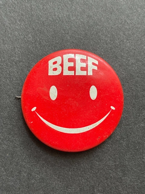 VINTAGE RED SMILEY Happy Face Button Beef Industry Council Pin Button ...