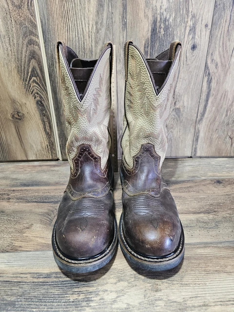 JUSTIN BOOTS BROWN Leather Steel Toe Work Boots 11in Stampede Men’s ...