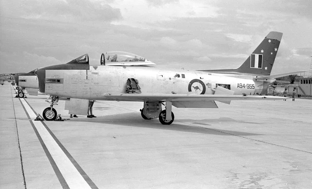 3 SQN, RAAF, CA-27 Sabre F.32, A94-955 at Tengah, c1964 - Original B&W ...