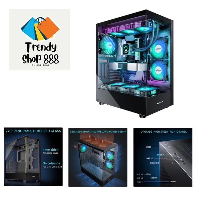 PC CASE ATX 6 PWM ARGB Fans Pre-Installed, Type-C Mid Tower Computer ...