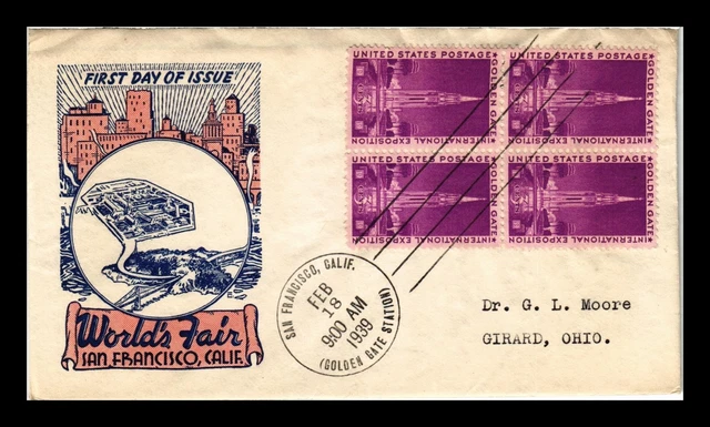 COUVERTURE AMÉRICAINE SAN Francisco Worlds Fair Fdc Scott 852 Bloc De 4 ...