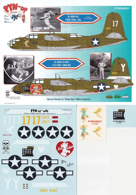 *RARE* PYN UP DECALS 1/48 A-20B/H Havoc 16th Observer Squadron 312th BG ...