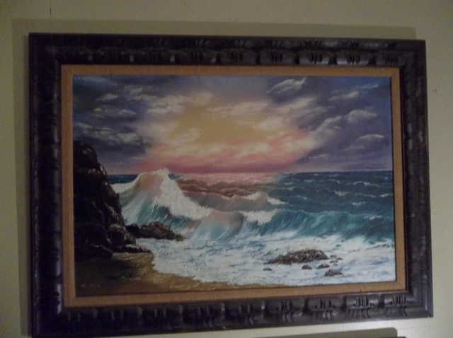 VINTAGE BY M. HALL OIL PAINTING OF WAVES 1960s OREGON COAST SUNSET ...