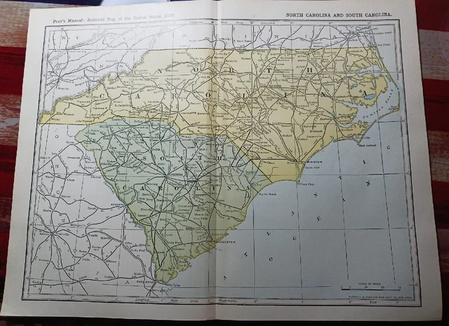 ANTIQUE 1909 RAILROAD Route Map NORTH & SOUTH CAROLINA all train Lines ...