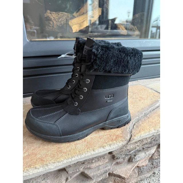 UGG BUTTE MEN'S 10.5 Black Waterproof Winter Boots Fur Trim Lace Up ...