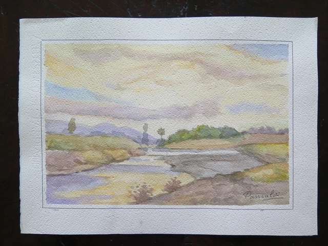 TABLEAU VINTAGE PEINTURE Aquarelle Paysage Printemps Fleurs Signé 30x20 CM P14 EUR 53,90 ...