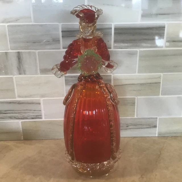 VINTAGE MURANO GLASS Venetian Lady holding Flower Red Dress Aventurine ...