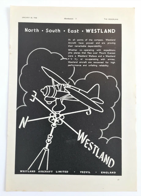 WESTLAND -WW2-SECOND WORLD WAR-AIRCRAFT AD-VINTAGE AVIATION ADVERT-1940 ...