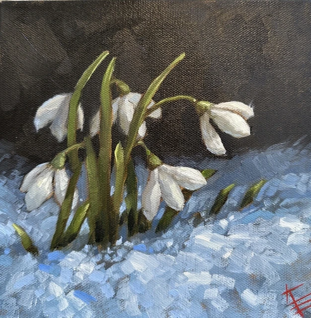 ORIGINAL OIL PAINTING 8x8 Inch Snow Drops By Krista Eaton $49.99 - PicClick