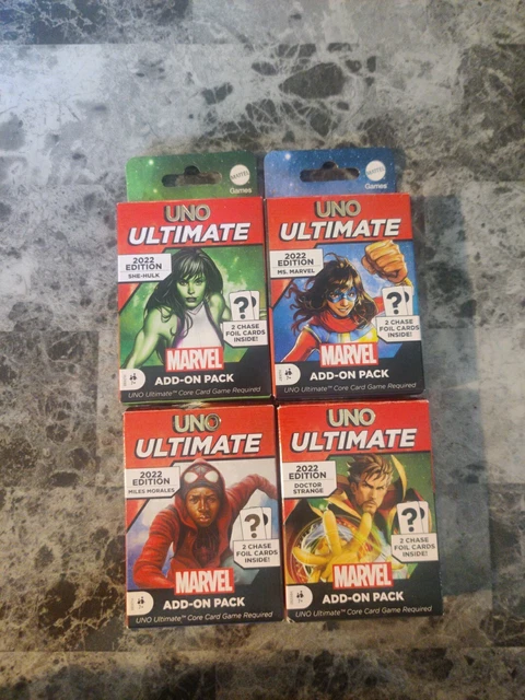 4 UNO ULTIMATE Marvel Add-Ons She-Hulk, Ms. Marvel, Dr.Strange, Miles ...