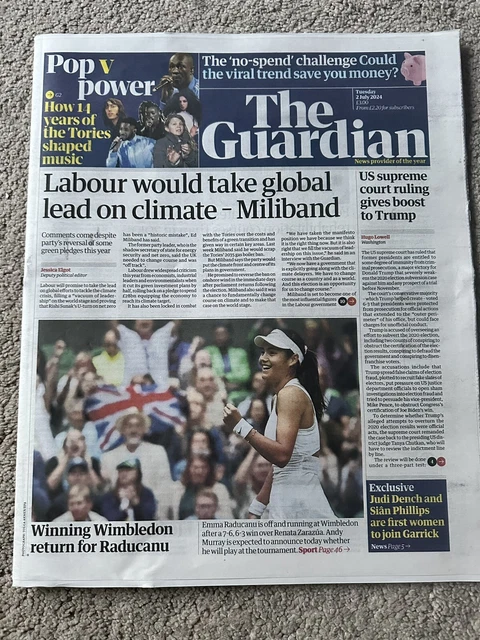 THE GUARDIAN 2ND July 2024 2/7/24 Emma Raducanu Tennis £16.00 - PicClick UK
