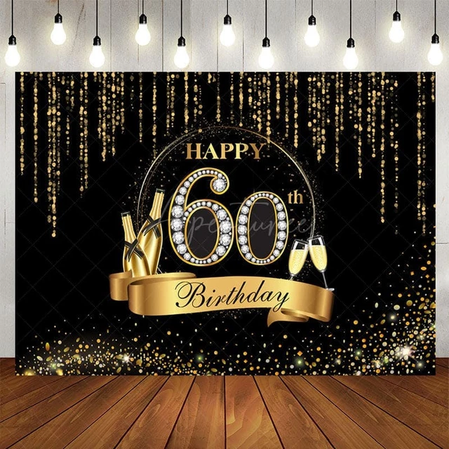 BLACK GOLDEN GLITTER Happy 60Th Birthday Backdrop $37.85 - PicClick AU