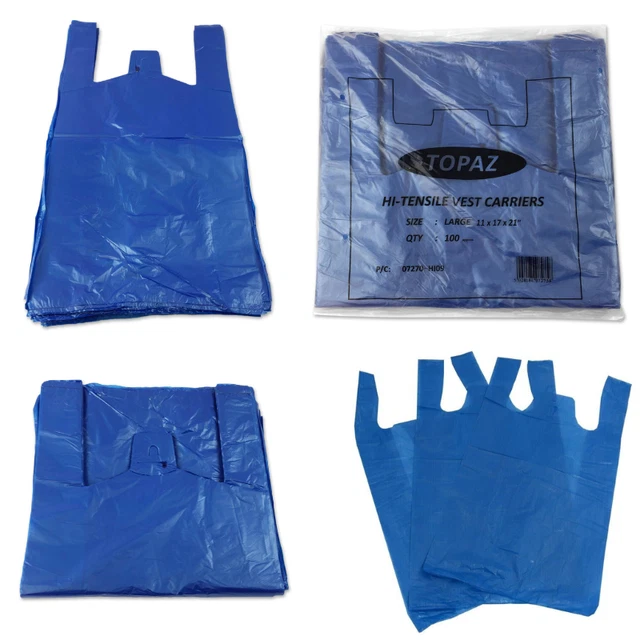 STRONG BLUE PLASTIC CARRIER BAGS 11x17x21" VEST LARGE BAG FOR SHOPPING ...