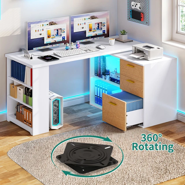 ROTATING L SHAPED Desk with Storage Drawers LED Computer Desk with ...