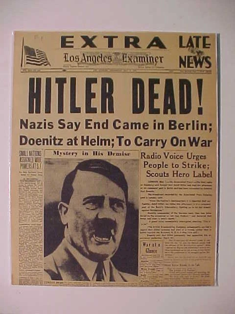 VINTAGE NEWSPAPER HEADLINE~WORLD War Germany Nazi Adolf Hitler Dead ...