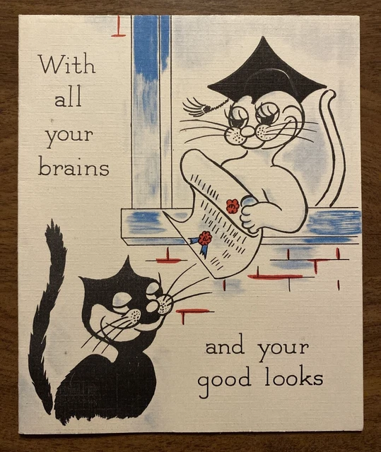 VINTAGE 1940S GRADUATION Congratulations Greeting Card Cats Kittens ...